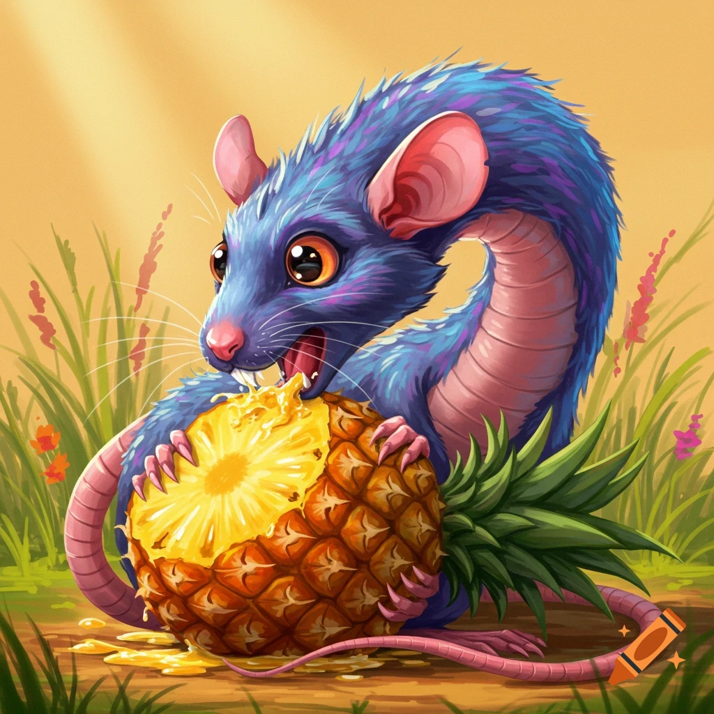 A blue and purple rat dragon illustration eating a pineapple in a field ...