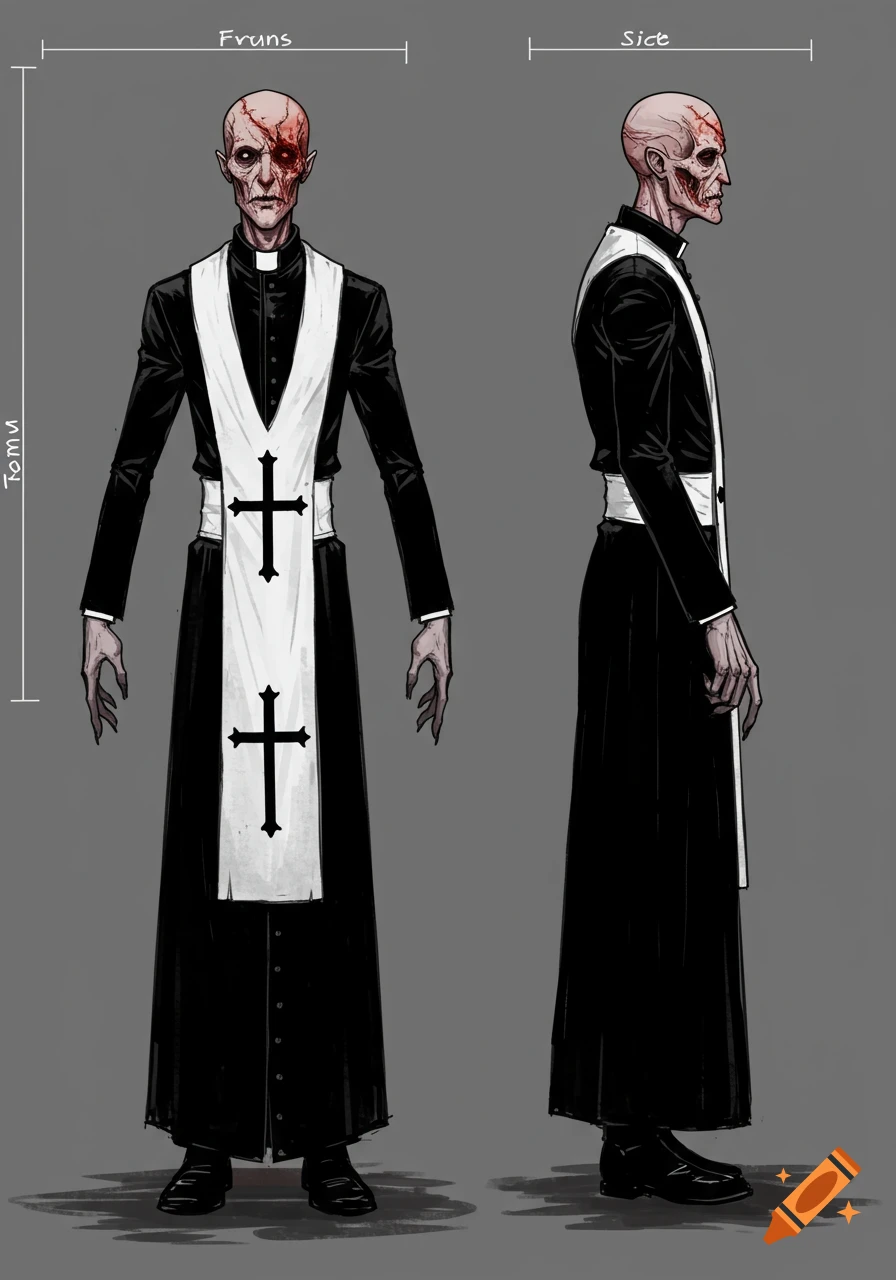 Character reference sheet of a gaunt priest with burns, showing front ...