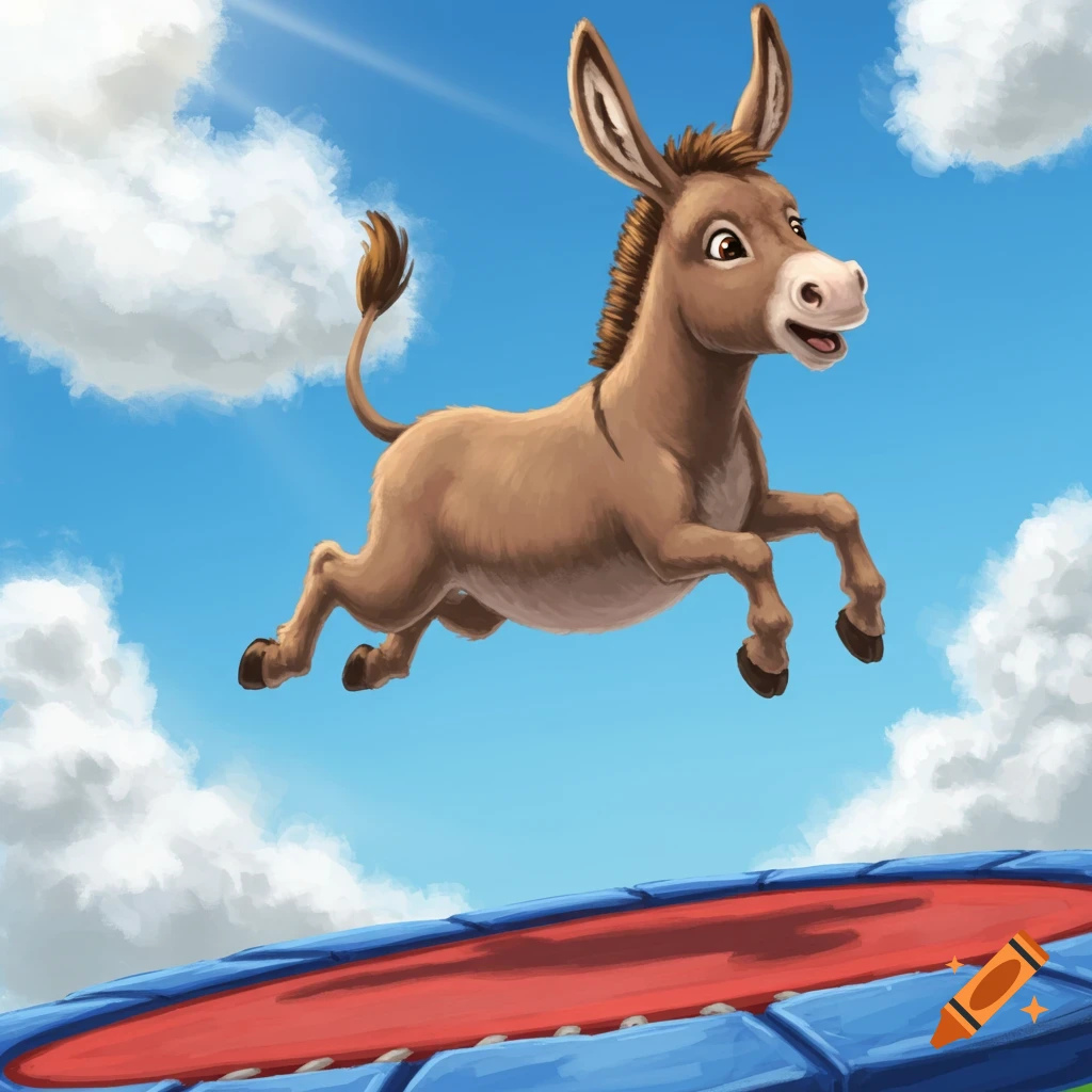 Cartoon donkey jumping on a trampoline under a blue sky with clouds on ...
