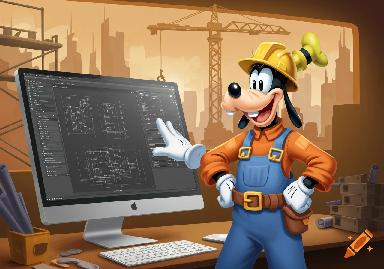 Cartoon Goofy builder points at architectural plans on a computer ...