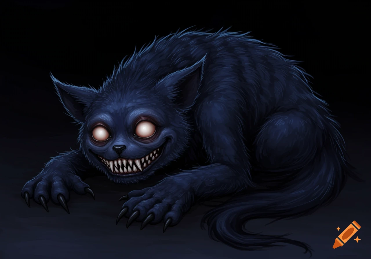 Dark blue furry creature with glowing eyes and sharp teeth crouches in ...