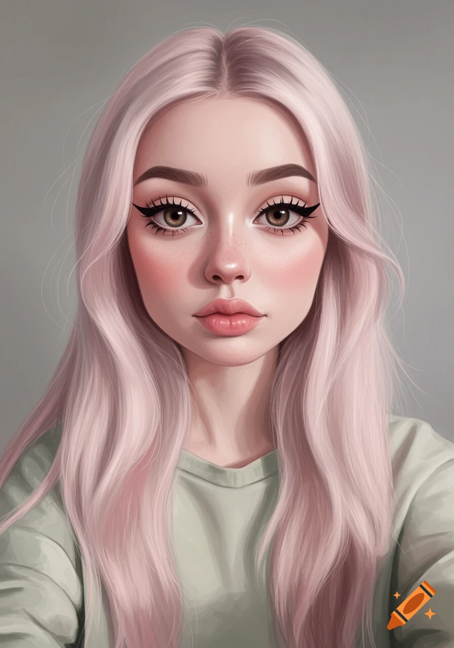 Comic realism portrait of a young woman with long pink hair and winged ...