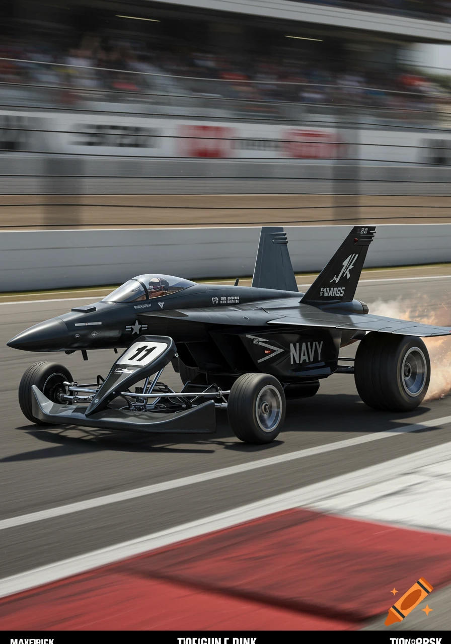 A black vehicle designed like a jet fighter races on a track with ...