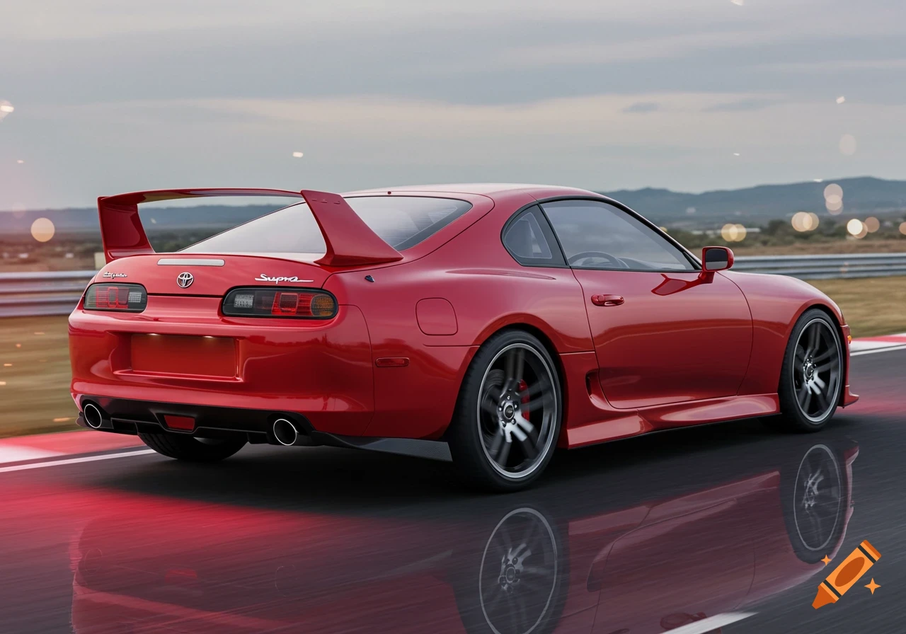 A red Toyota Supra speeds down a race track, seen from the rear. on Craiyon