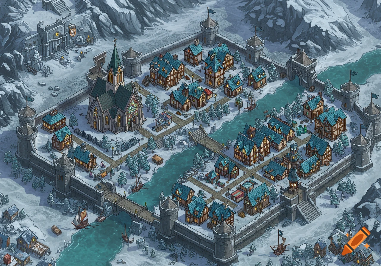 Isometric view of a snowy fantasy walled town with a church and river ...