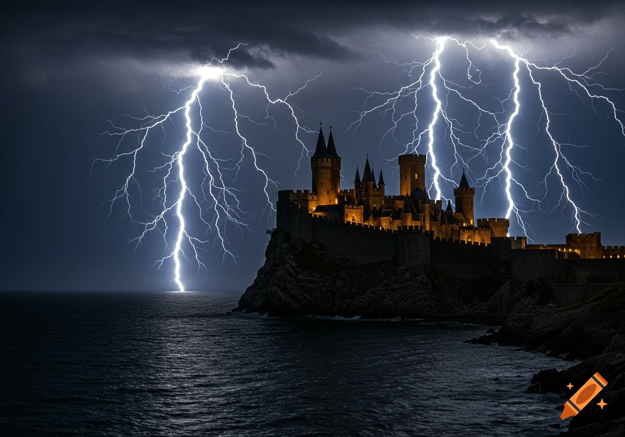 Dramatic lightning storm strikes a medieval castle on a cliff by the ...