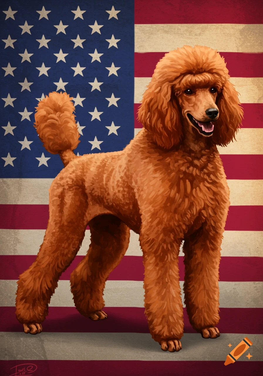 A rust-colored poodle stands in front of an American flag. on Craiyon