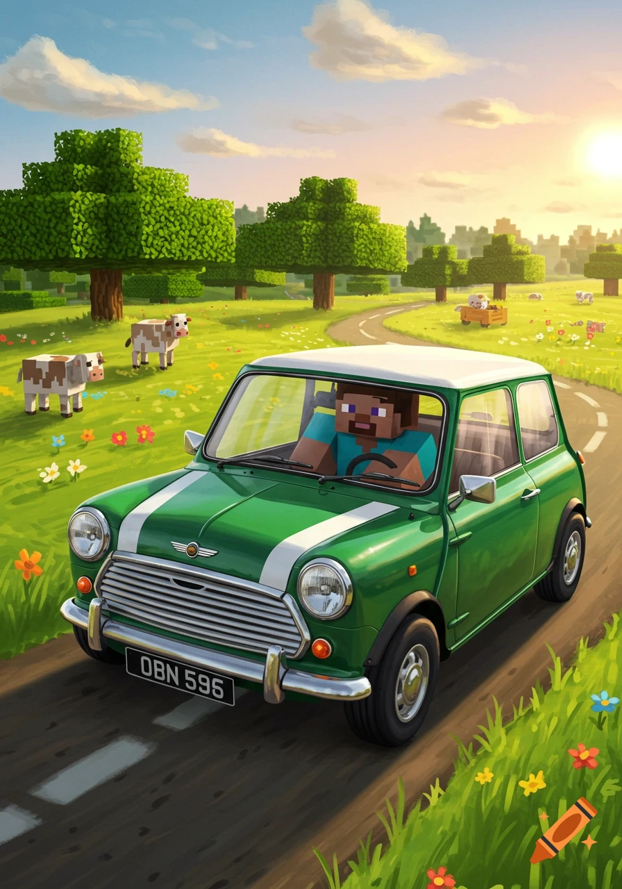 Steve from Minecraft drives a green Mini Cooper through a sunny ...