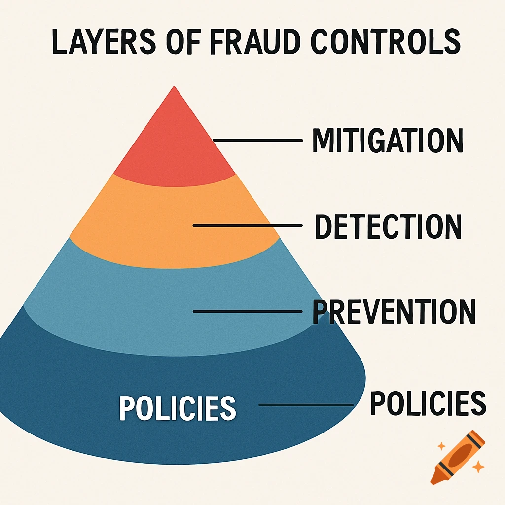 Layered pyramid diagram illustrating layers of fraud controls ...