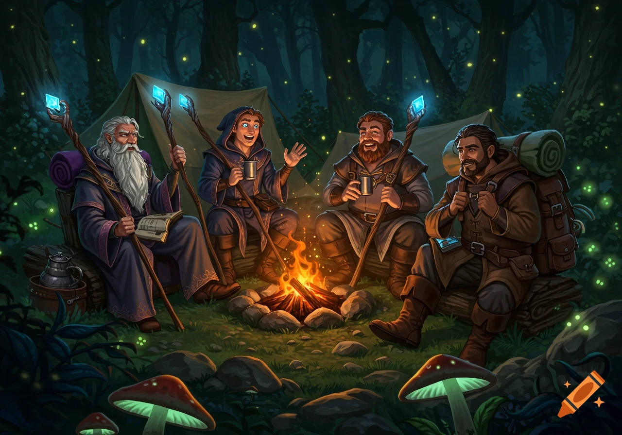 Four fantasy wizards sit around a campfire in a forest at night. on Craiyon