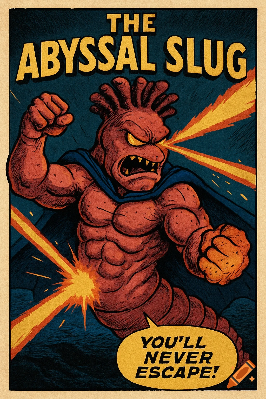 A comic book poster titled "THE ABYSSAL SLUG" featuring a muscular red ...