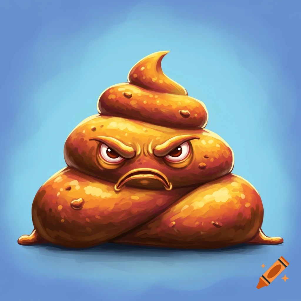 A cartoon pile of poop with a grumpy face and arms crossed. on Craiyon