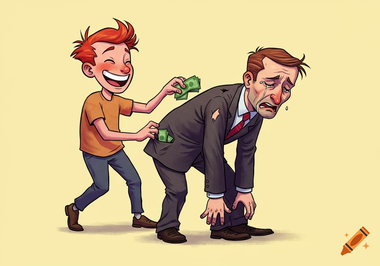 Cartoon illustration of a happy boy picking money from a crying man's ...