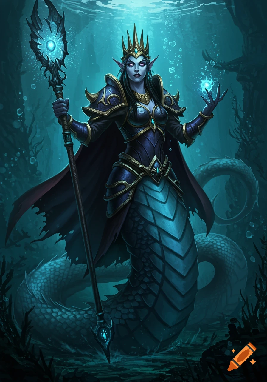 Blue Naga creature with snake body, armor, and staff underwater ...