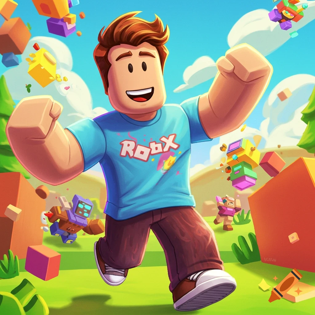 Cartoon Roblox character running, smiling, surrounded by blocks and ...