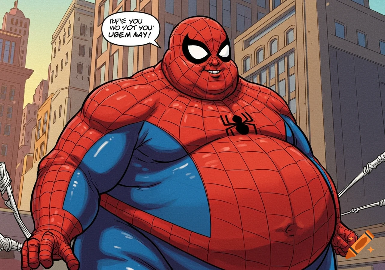 A very fat Spider-Man in his suit stands in a city street, speaking in ...
