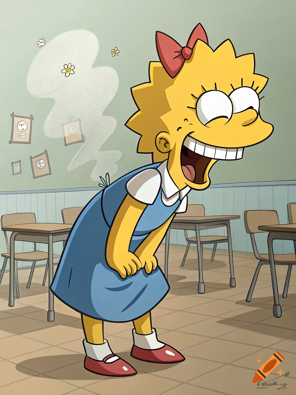 Lisa Simpson farting in a classroom, cartoon style. on Craiyon