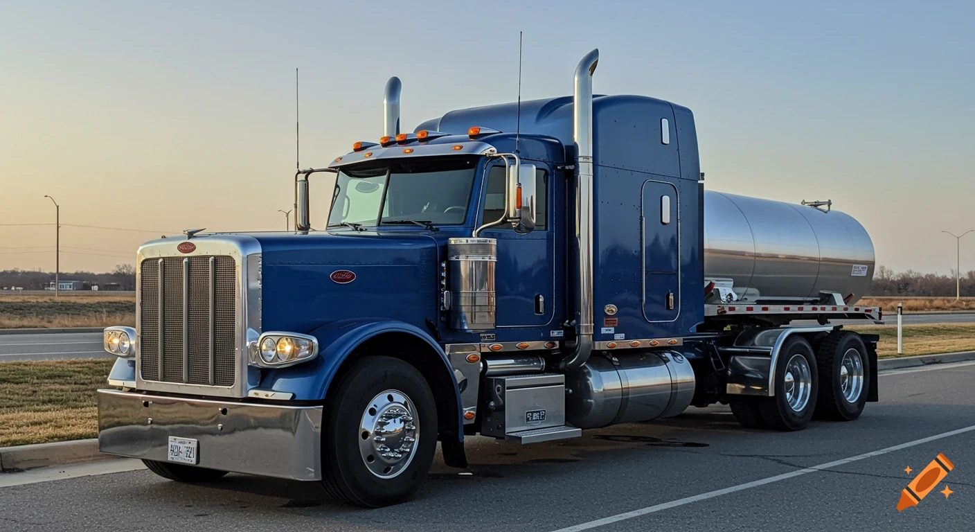 Blue Peterbilt semi-truck with a silver tanker trailer parked on the ...