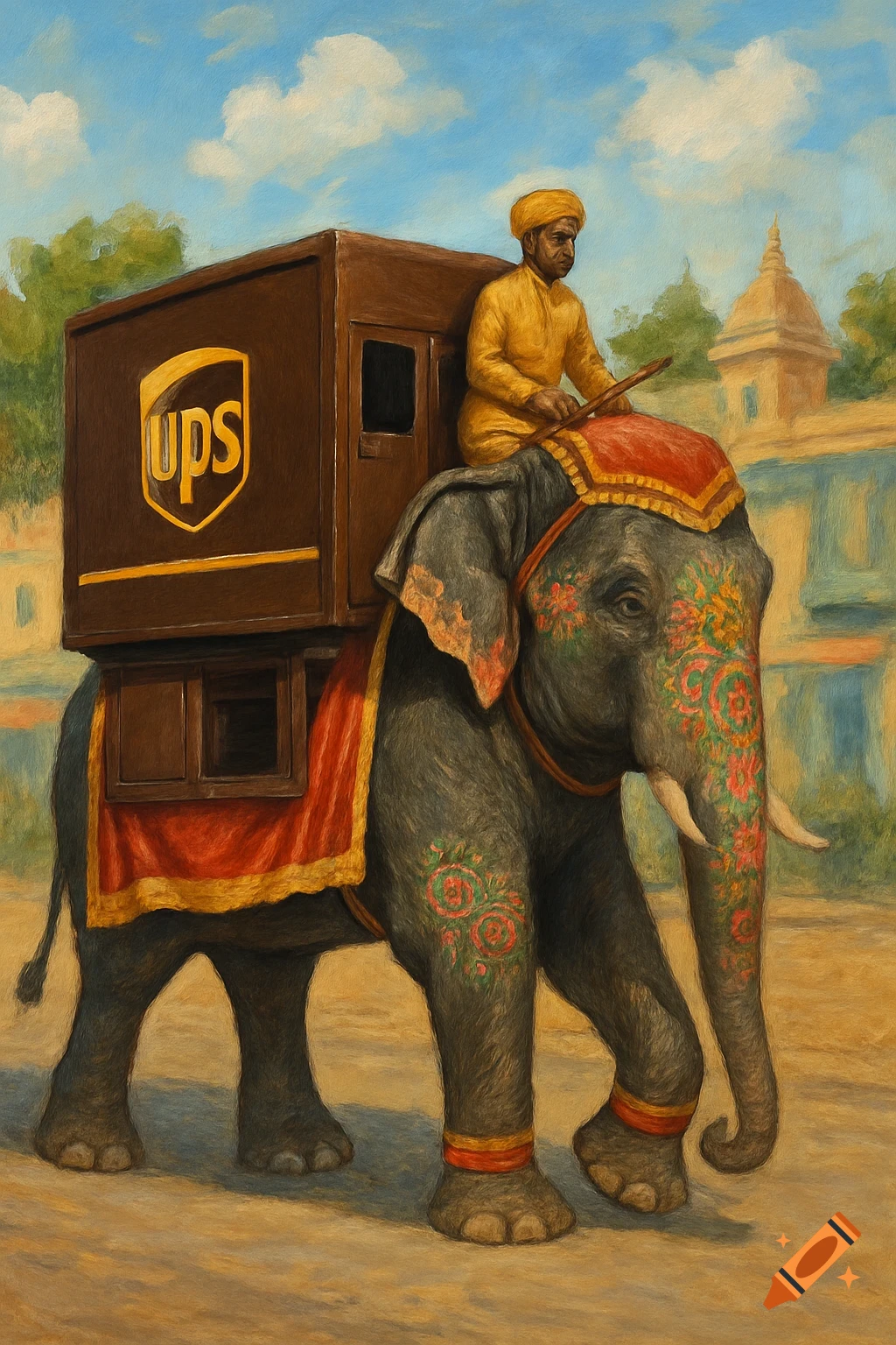 Painting of a man riding an elephant carrying a UPS box through an ...