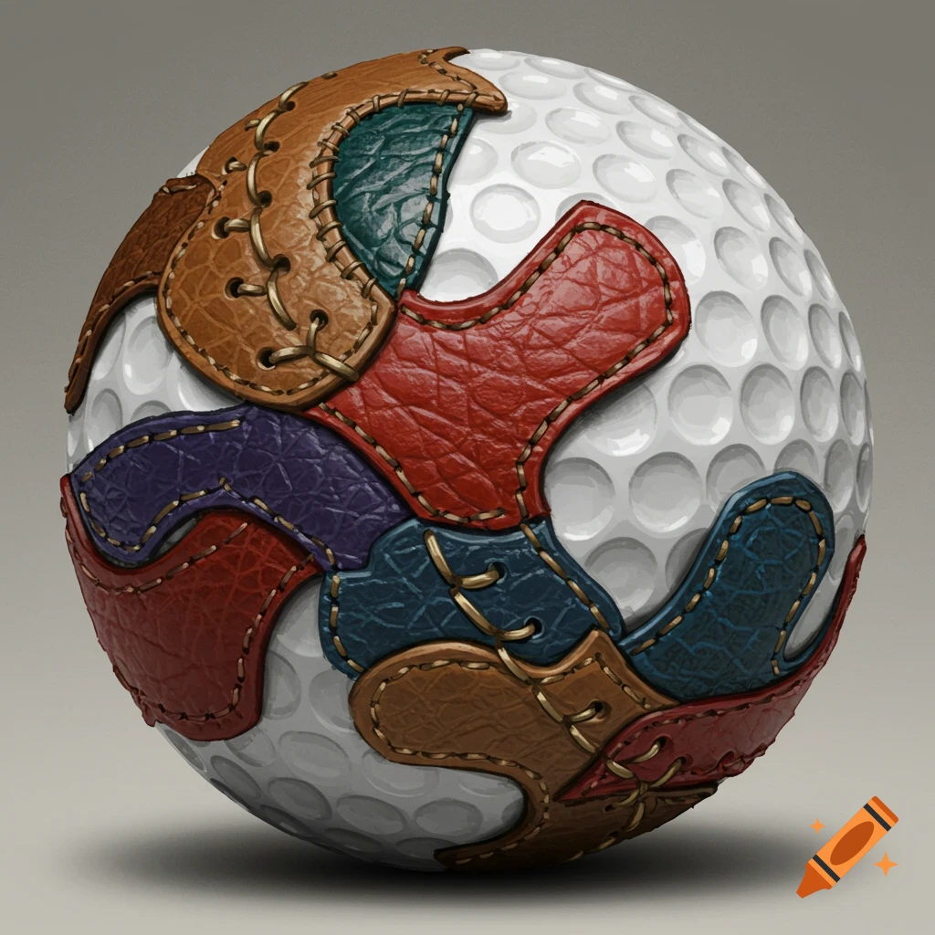 Close-up of a golf ball covered in stitched colorful leather patches ...