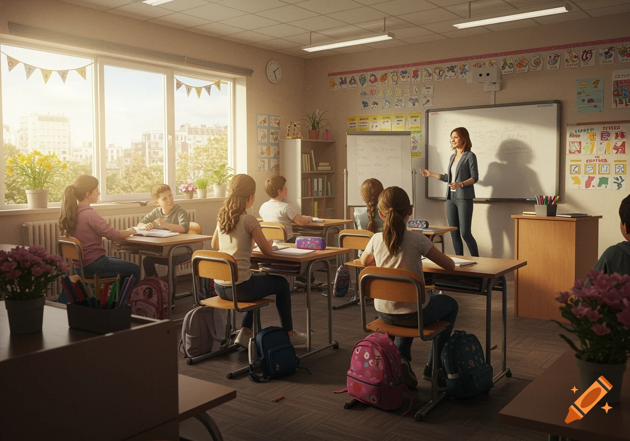 Realistic classroom scene with a teacher at the whiteboard and students ...