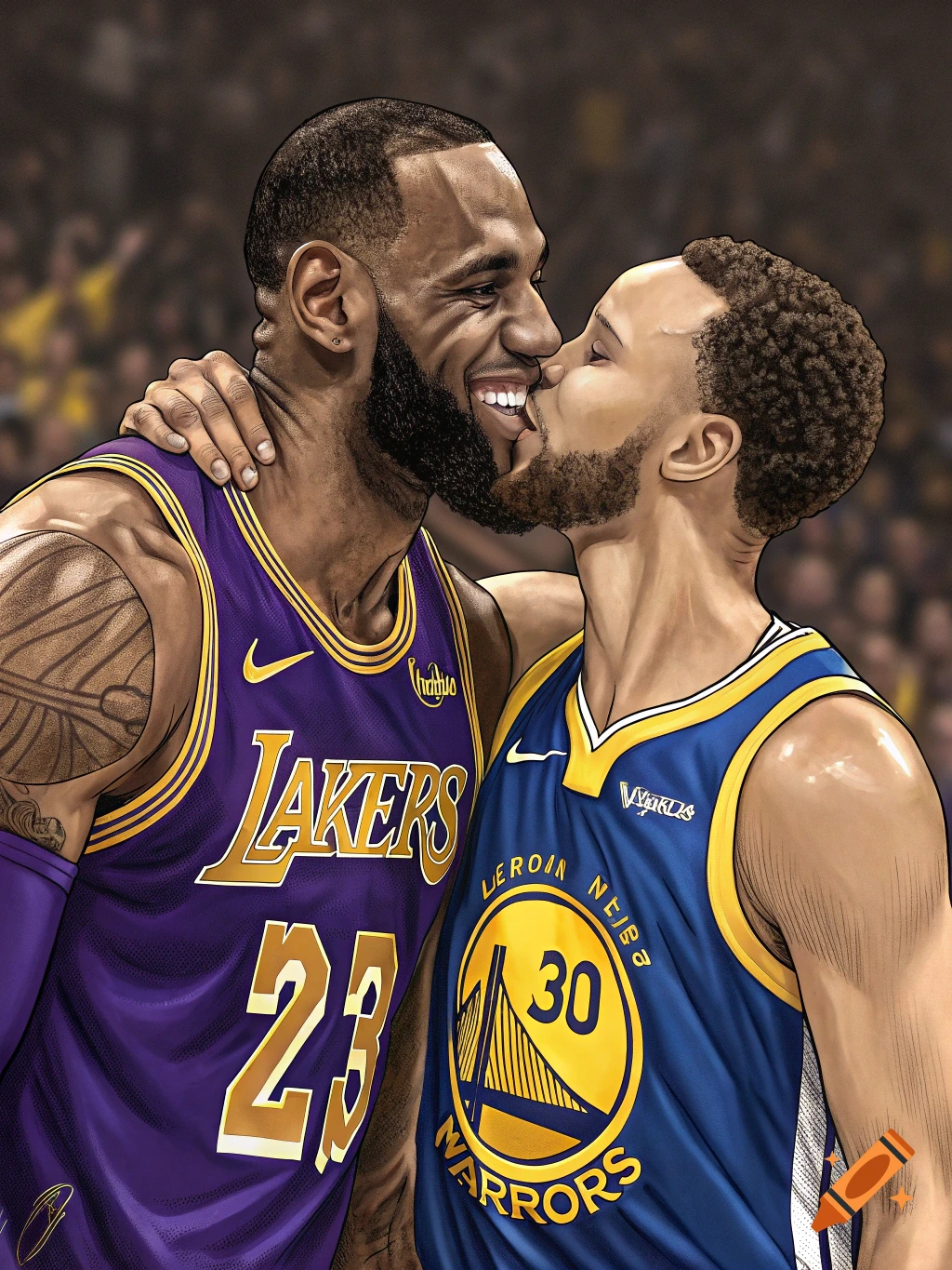 Cartoon illustration of LeBron James and Steph Curry kissing on a ...