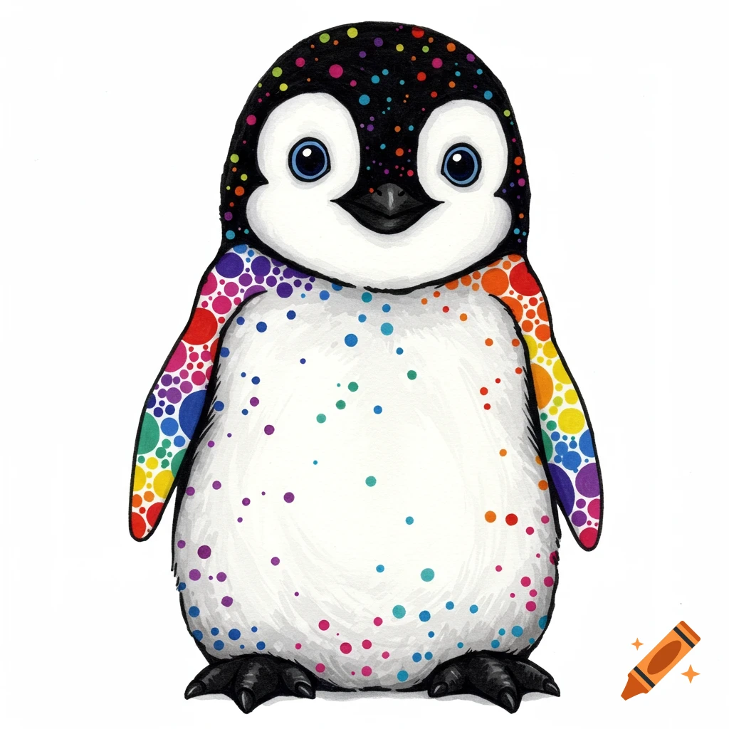 Cute penguin illustration covered in colorful polka dots. on Craiyon