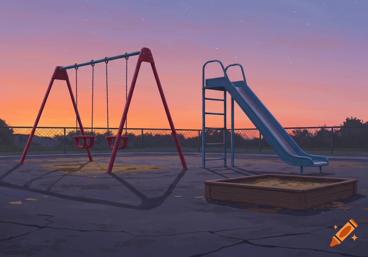 Empty playground with swing set, slide, and sandbox at sunset. on Craiyon