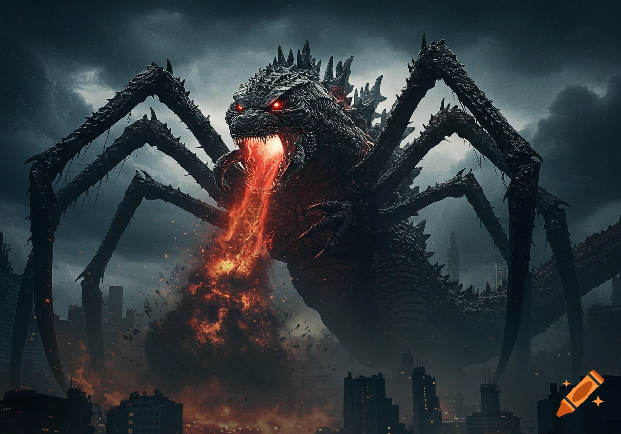 A spider-like Godzilla breathes fire over a ruined city under a stormy ...