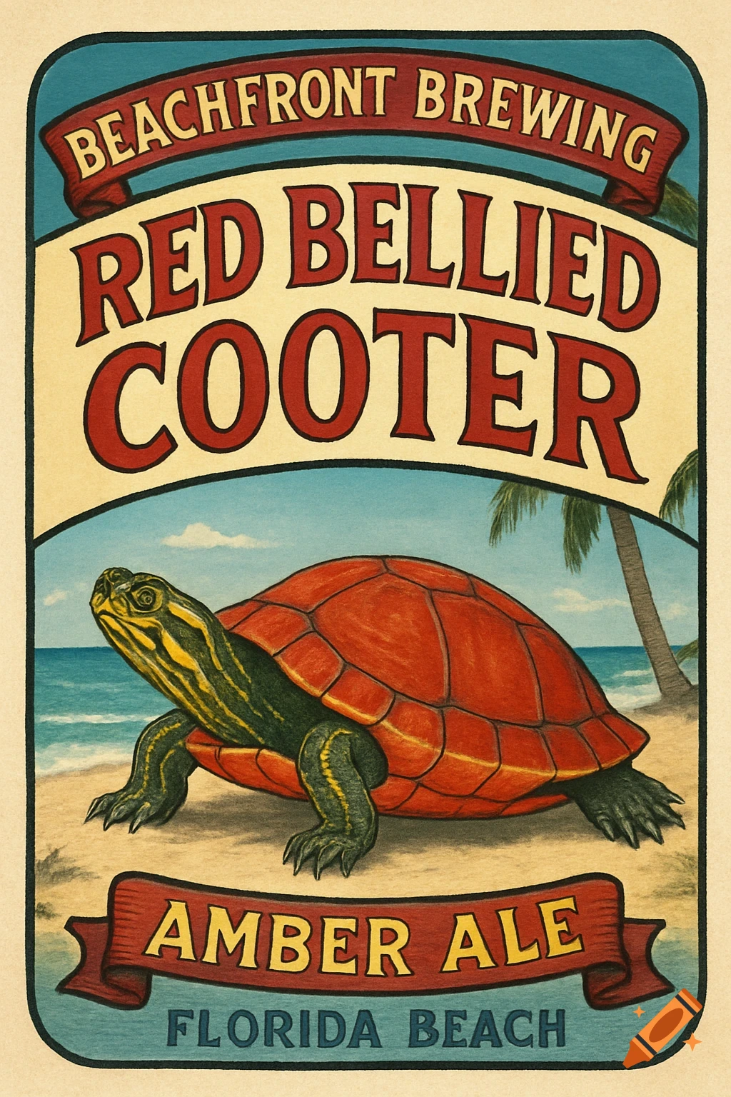 Beer label design featuring a red-shelled turtle on a sandy Florida ...