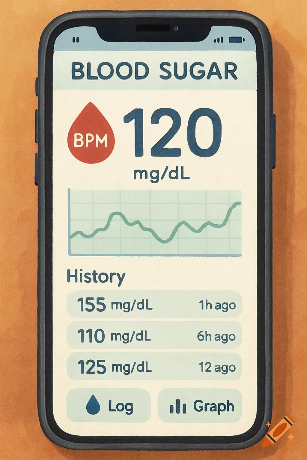 Illustration of a phone screen showing a blood sugar tracking app with ...
