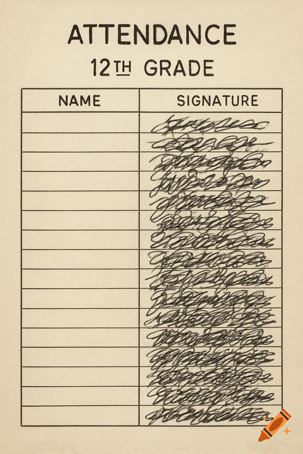 An attendance sheet for 12th grade with names left blank and the ...
