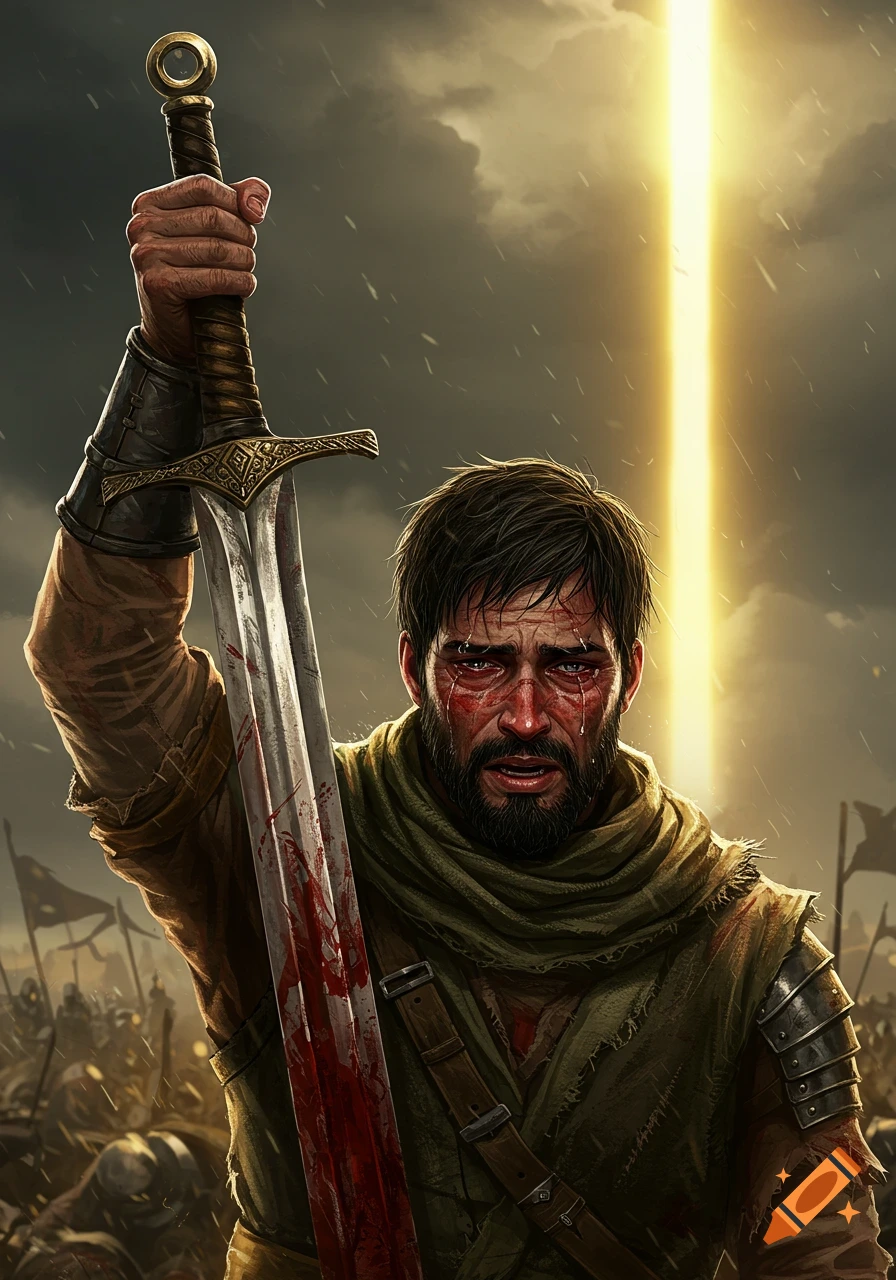 Battle-worn warrior holds bloody sword aloft on battlefield under ...