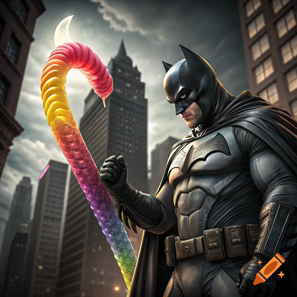 Batman holds a giant rainbow gummy worm in a city. on Craiyon