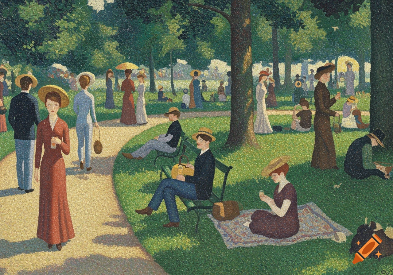 Pointillist painting of people relaxing in a sunny park, in the style ...
