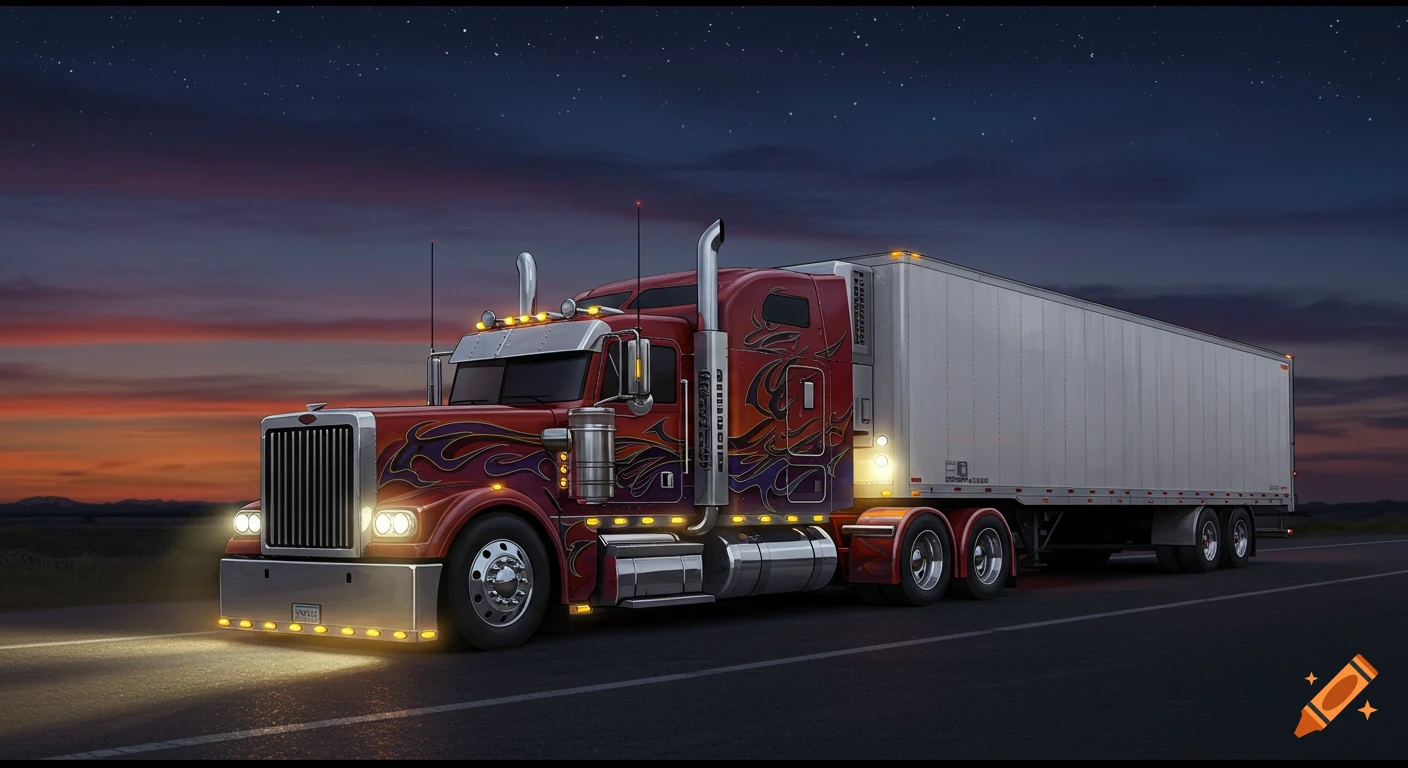 A red 18-wheeler truck with flame graphics is parked on a road at dusk ...