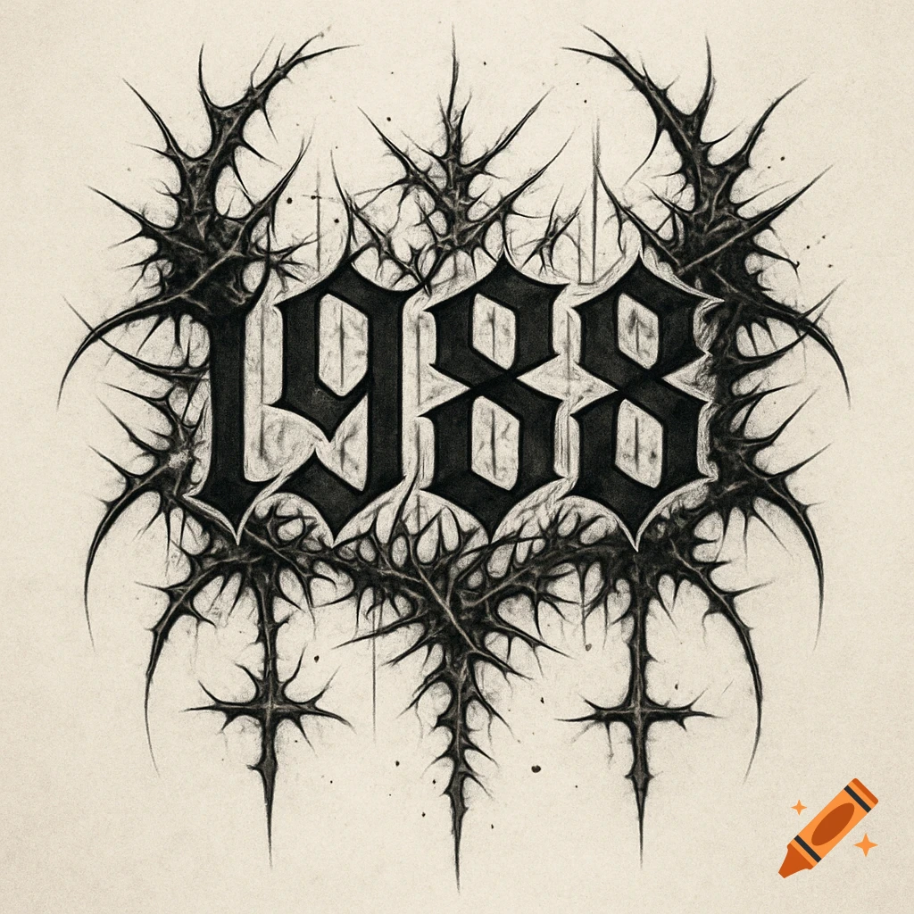 Black metal style illustration of the number 1988 surrounded by thorny ...