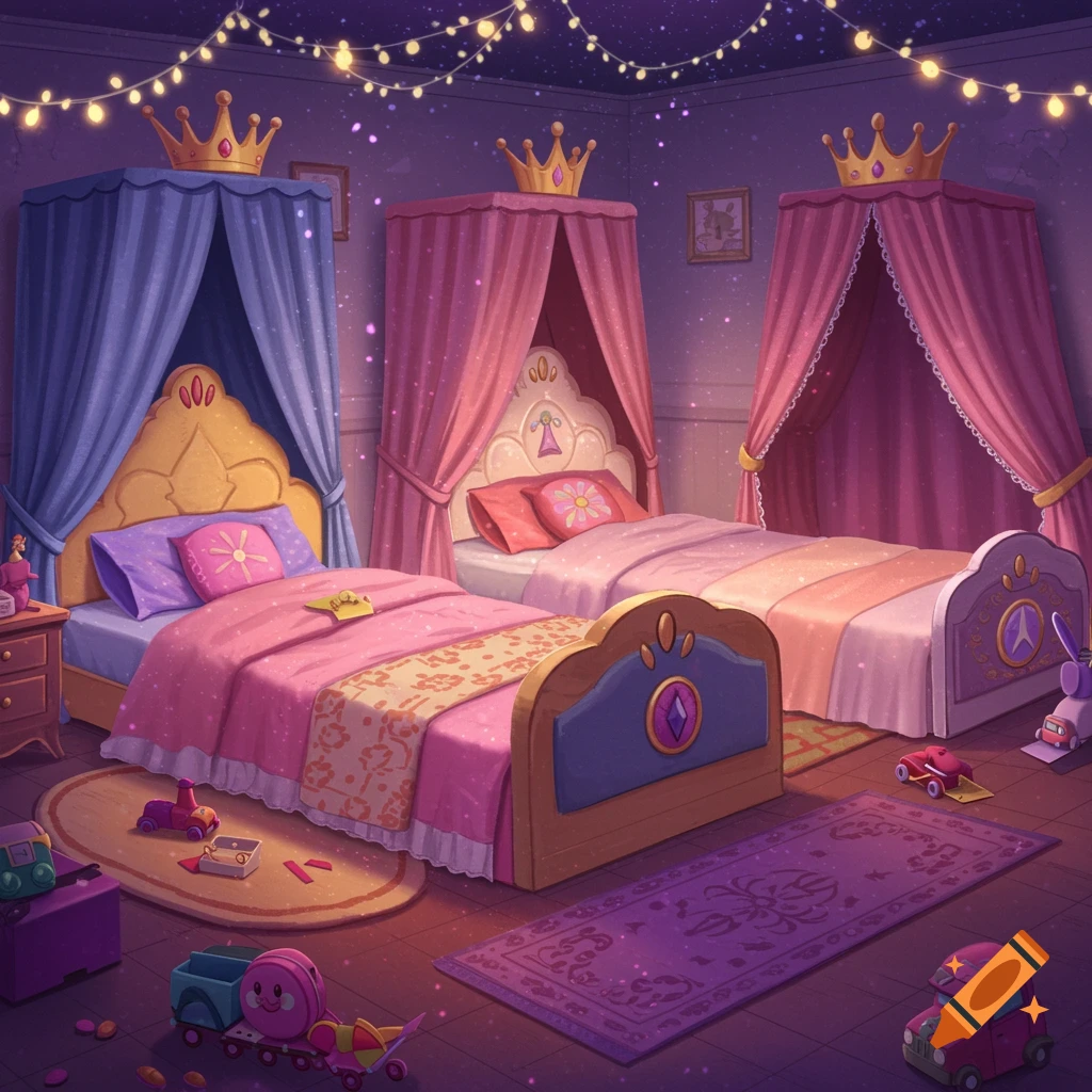 Princess themed bedroom with multiple beds, crowns, string lights, and ...