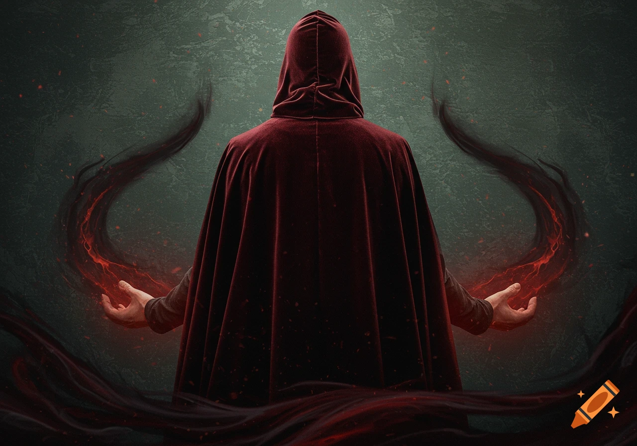 A hooded figure generating red and black magic. on Craiyon