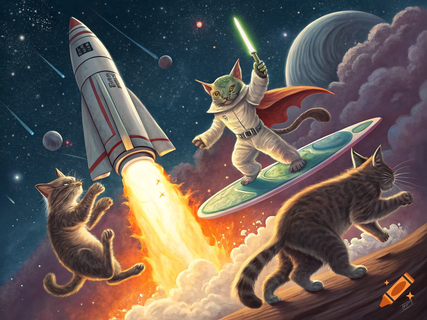 Space cats with rocket: one surfs with lightsaber, one floats, one ...