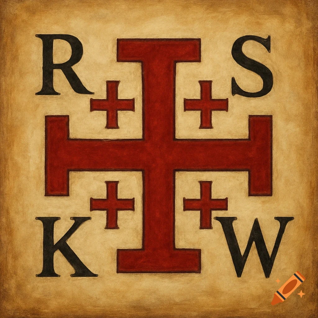 A red Jerusalem Cross with letters RSKW on a textured background, in a ...