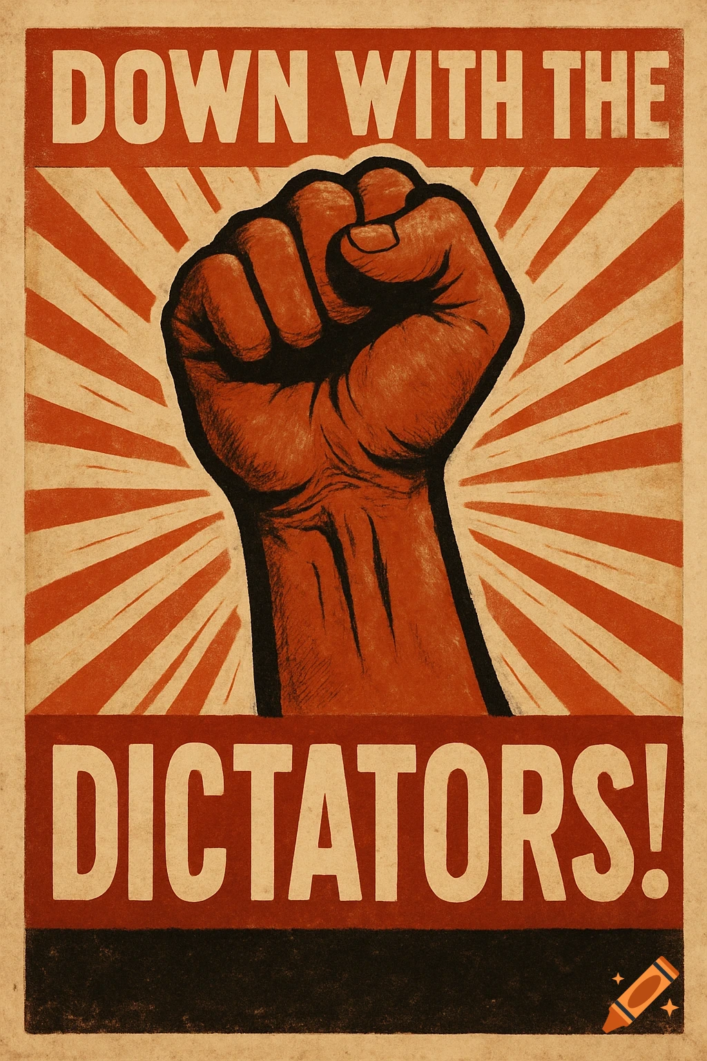Propaganda poster with raised fist and 'Down with the Dictators!' text ...