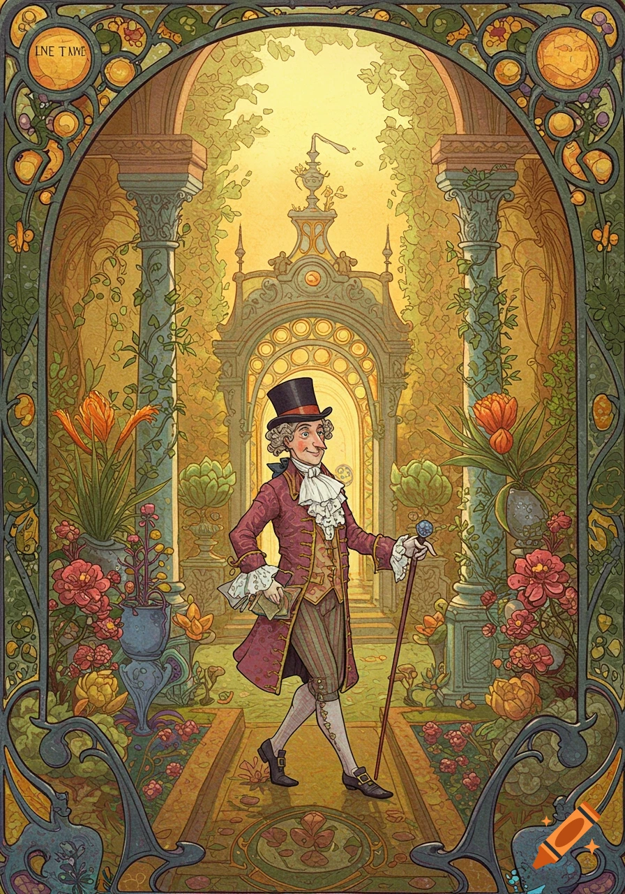 An illustration of a dandy man in historical clothes walking through a ...