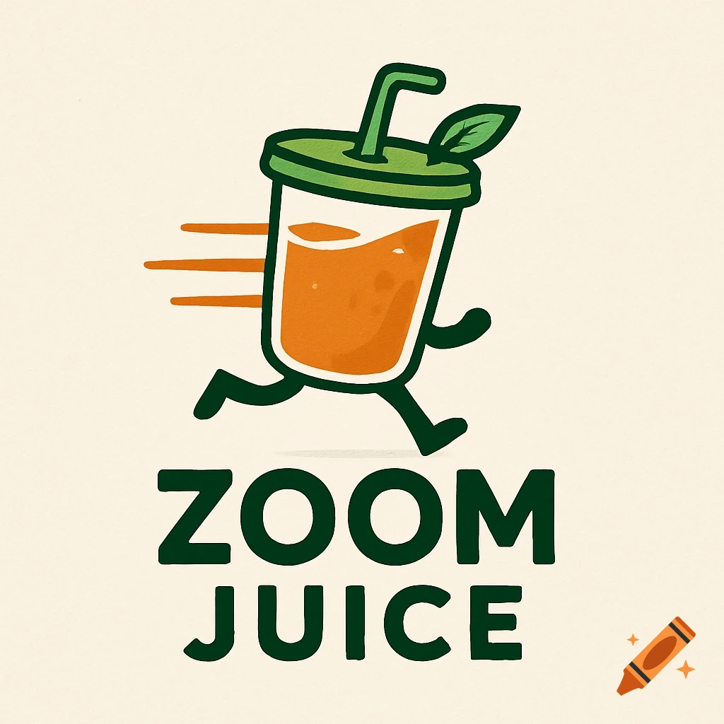 Cartoon logo of a running juice cup with the text ZOOM JUICE. on Craiyon