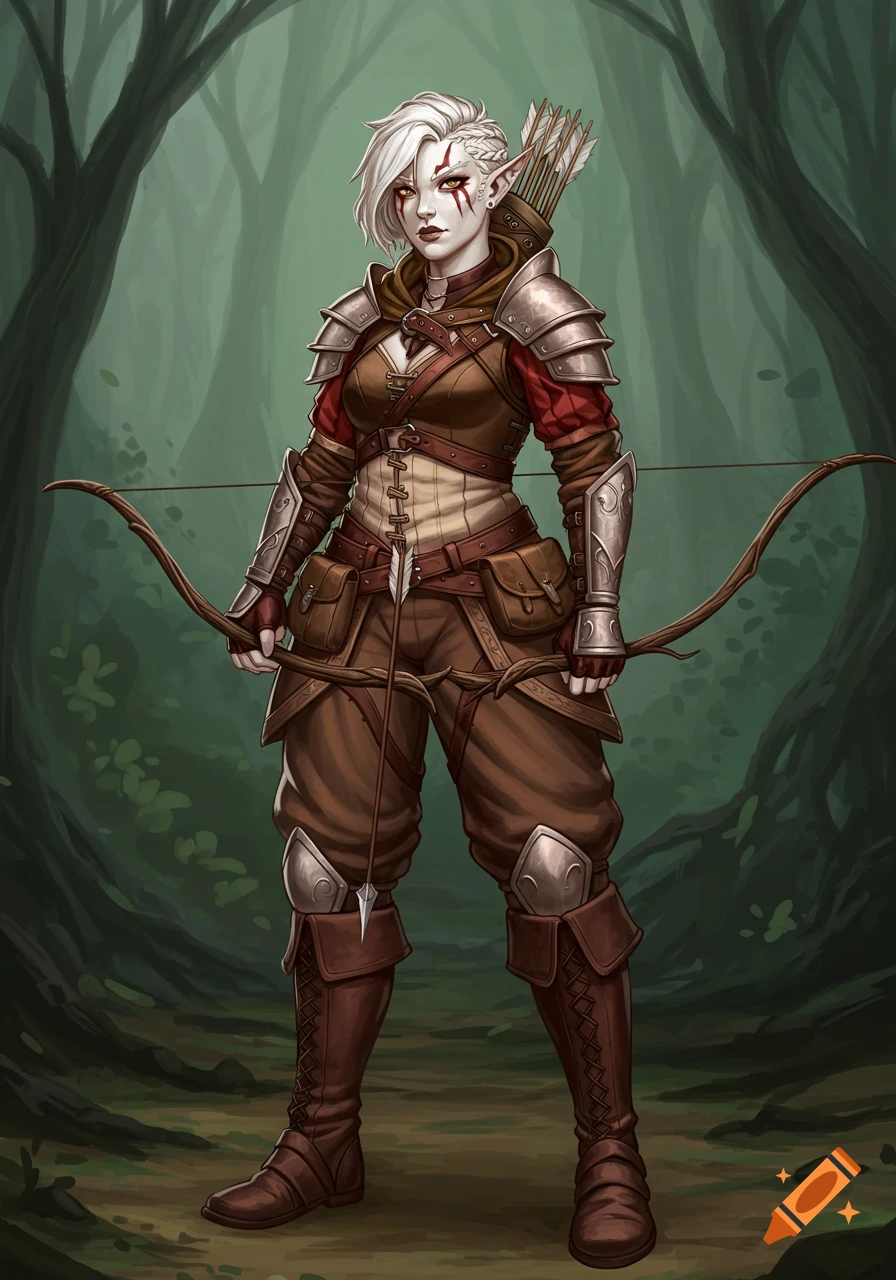 Female elf ranger in armor holding a bow in a forest. on Craiyon