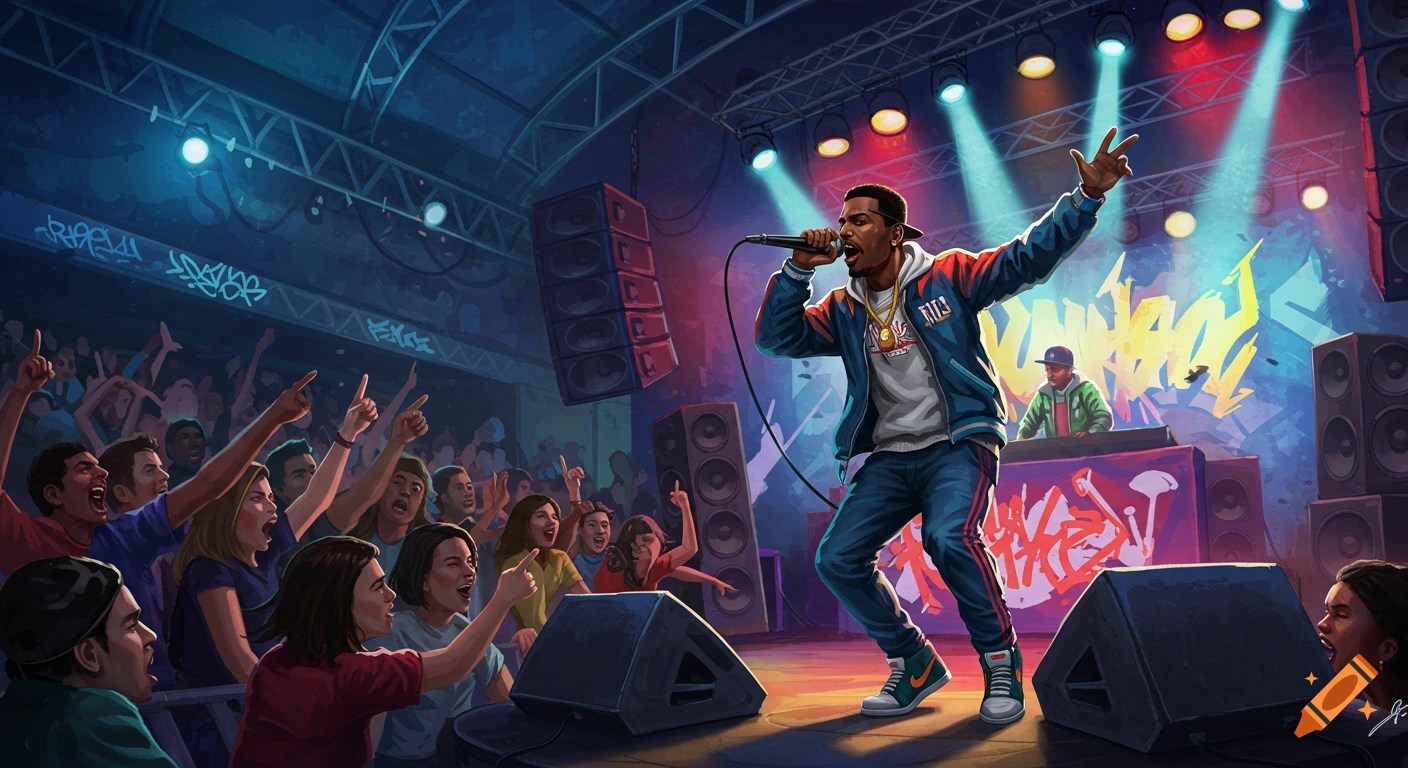 An illustrated scene of a hip hop concert with a rapper on stage, a DJ, and a cheering crowd. on ...