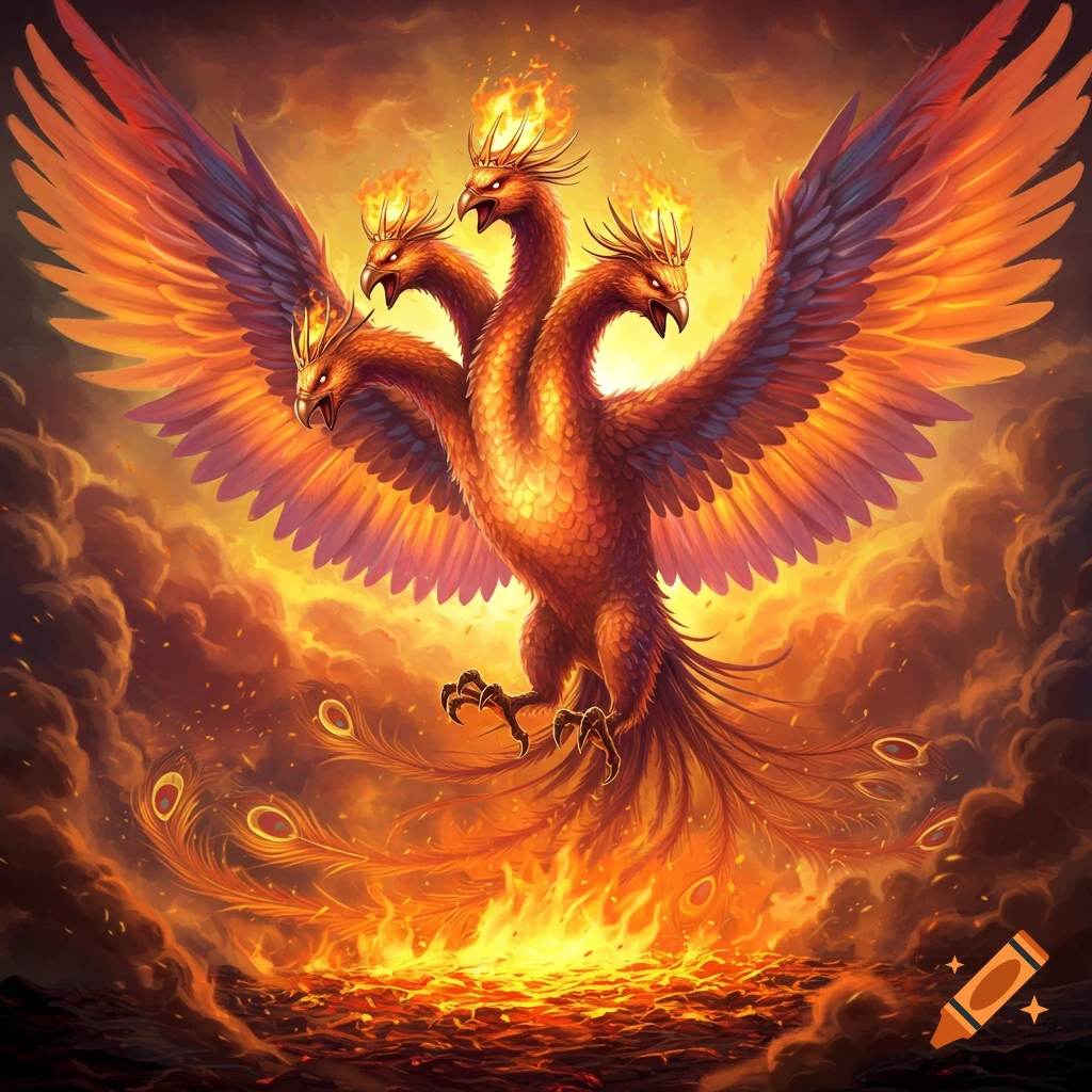 A three-headed phoenix with fiery feathers and crowns rises from flames ...