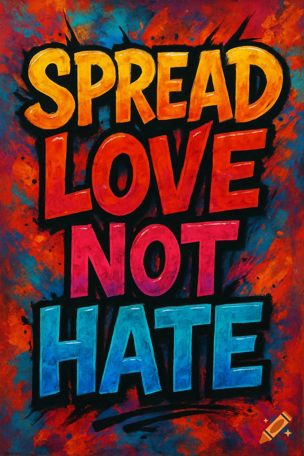 Bold colorful text 'Spread Love Not Hate' on an abstract splatter ...