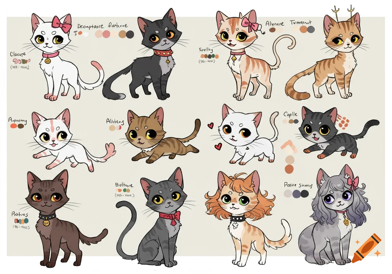 A reference sheet featuring multiple cute anime-style cats in various ...