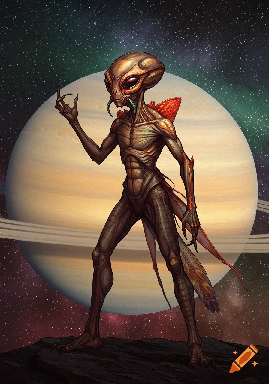Tall, thin alien creature with insectoid features stands before a ...